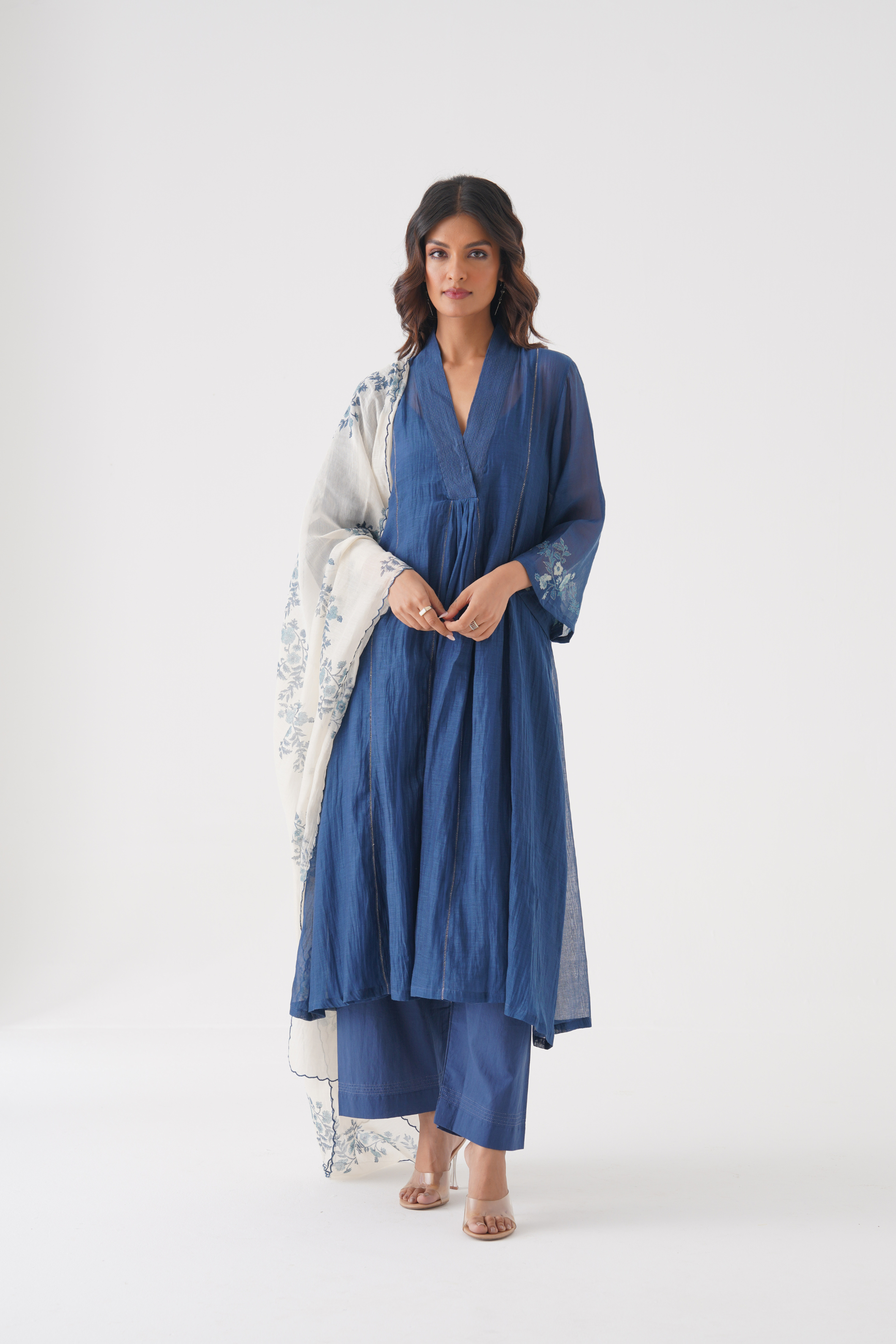 Neel indigo thread embroidered & block printed aline chanderi kurta se